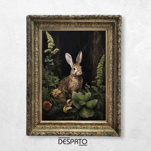 Rabbit in Green Moody Forest Wall Print, Dark Academia Painting ...