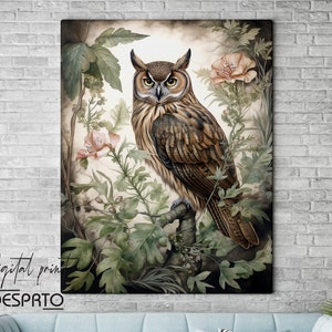 Boho Owl Printable, Portrait Floral Owl Wall Print, Dark Academia Decor ...