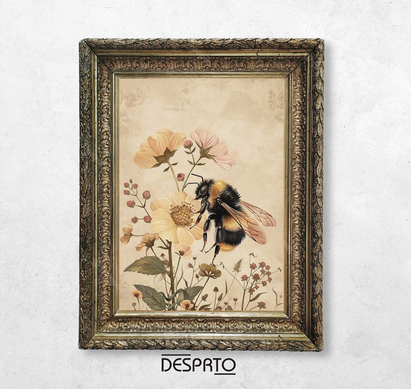 Boho Bee in Yellow Flower Print, Moody Bumlebee Decor, Botanical ...