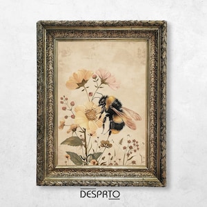 Boho Bee in Yellow Flower Print, Moody Bumlebee Decor, Botanical ...