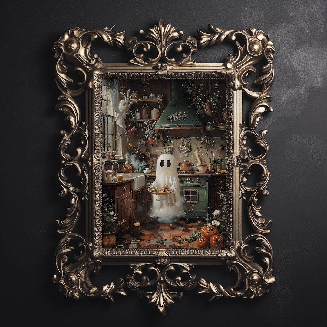 Cute Ghost Preparing to Eat Print, Floral Kitchen Ghost Print ...