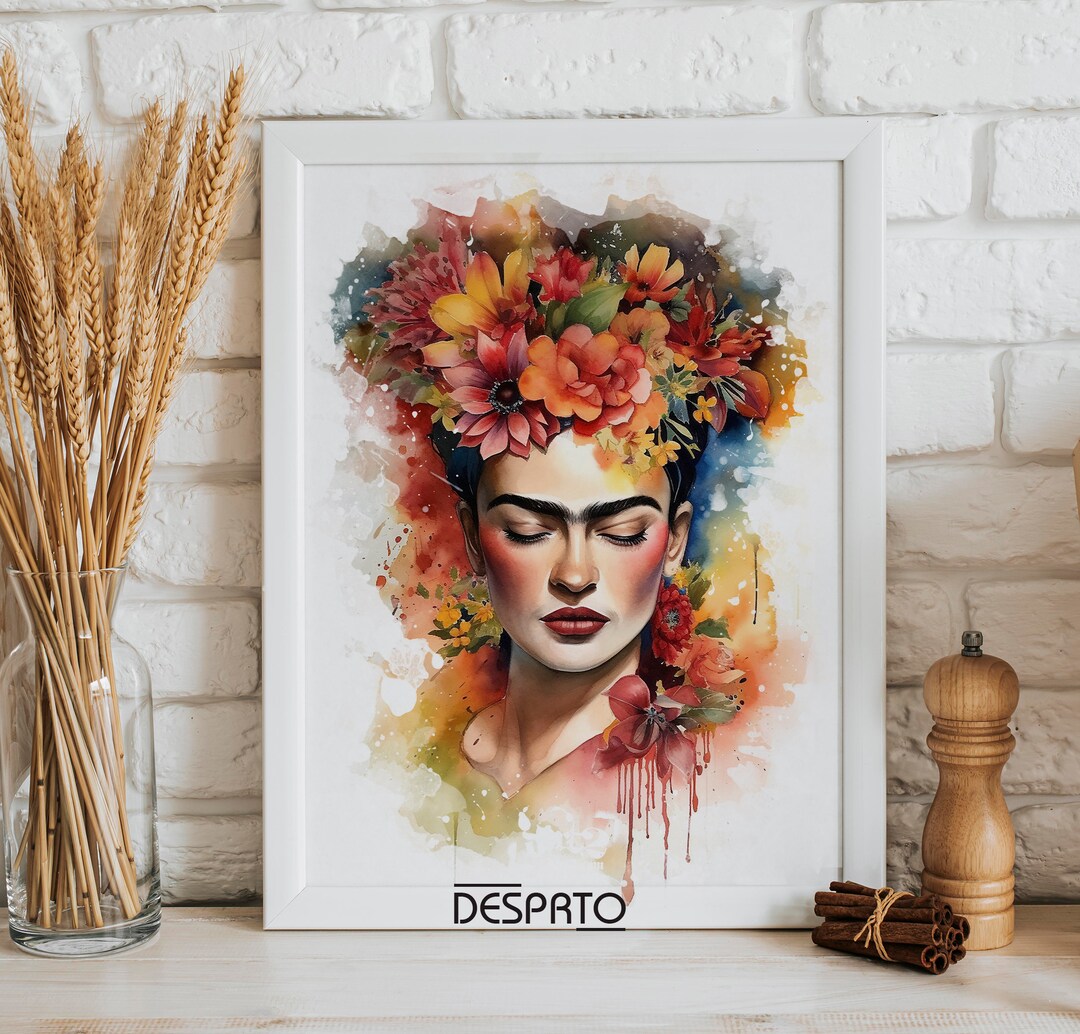 Colorful Watercolor Frida Kahlo Flower Portrait Print, Frida Self ...