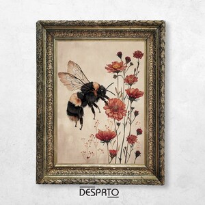 Boho Bee in Red Flower Print, Moody Bumblebee Decor, Botanical ...