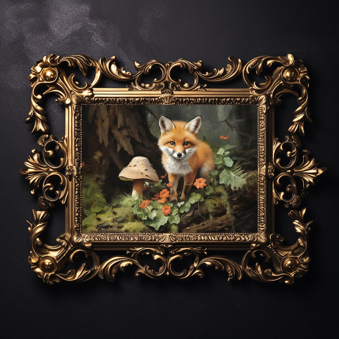 Little Fox in Forest Wall Print, Botanical Dark Academia Painting ...
