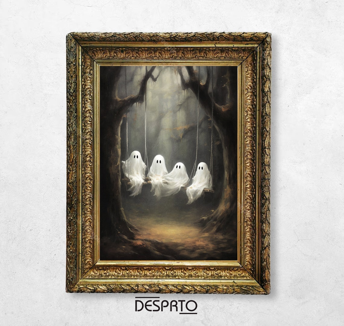 Four Cute Ghosts on a Swing in Fall Woods Print, Dark Academia ...