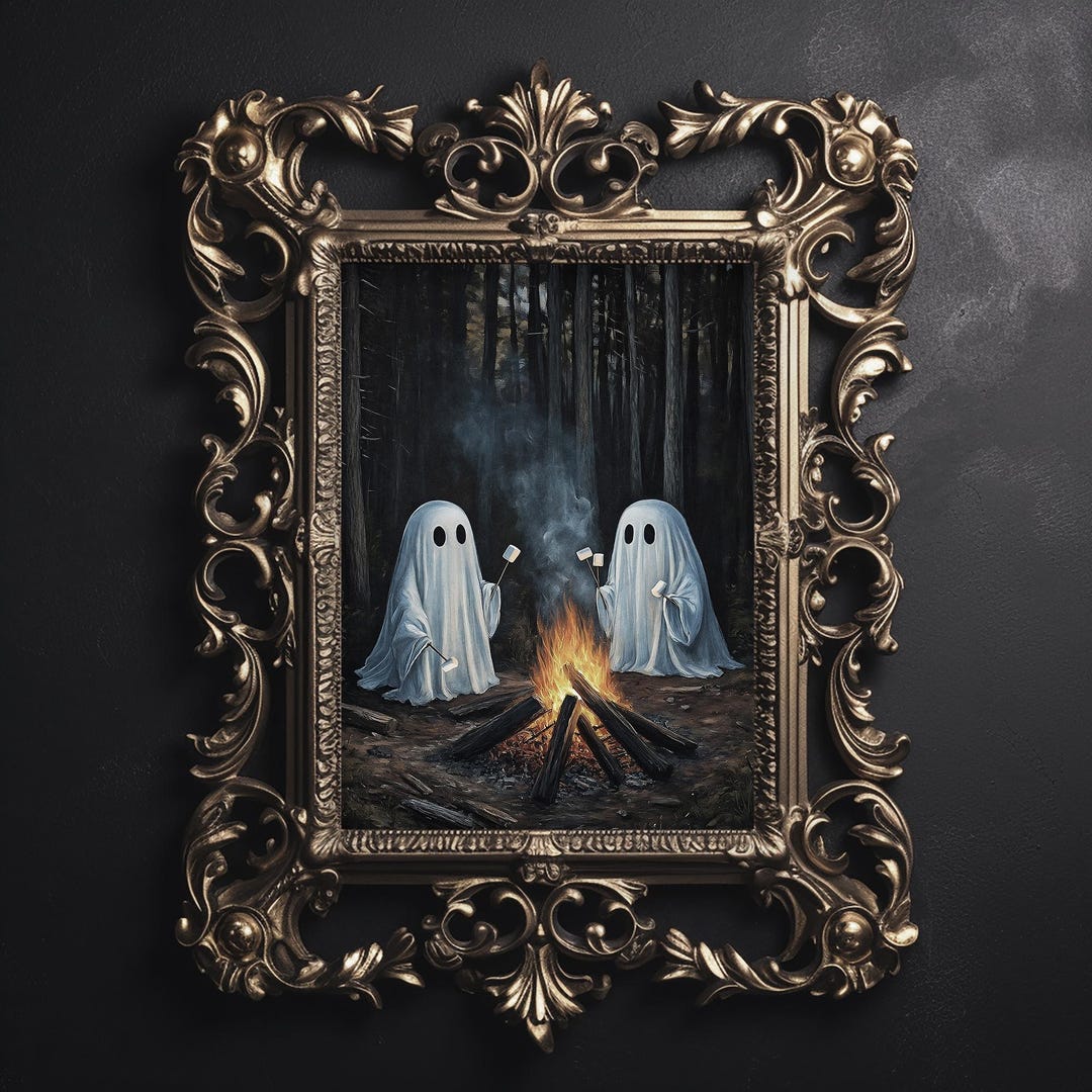 Two Ghosts by Campfire in Woods With Marshmallows Print, Ghost Dark ...