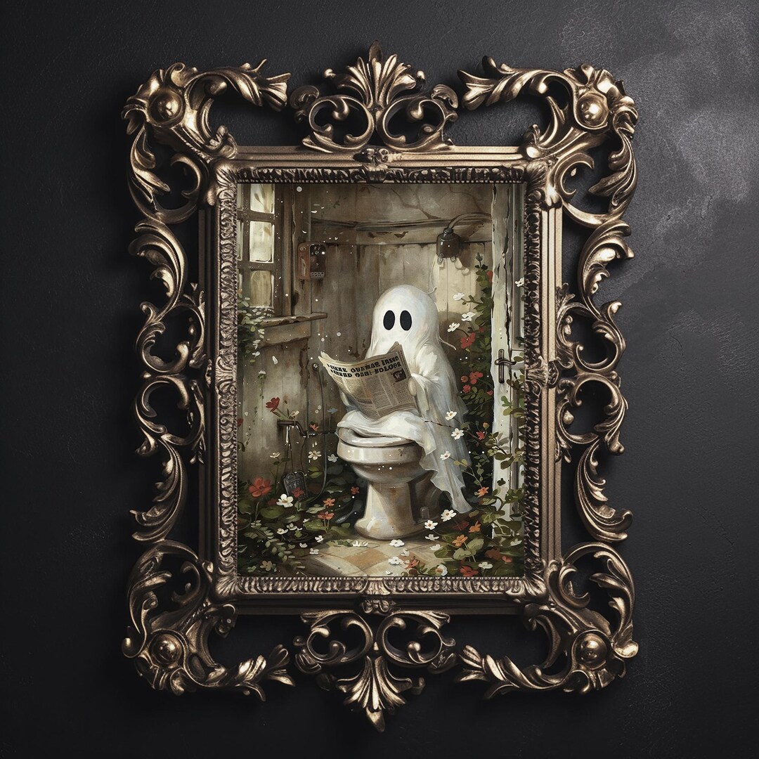 Ghost Reading Newspaper on Toilet Print, Dark Academia, Whimsical Ghost ...