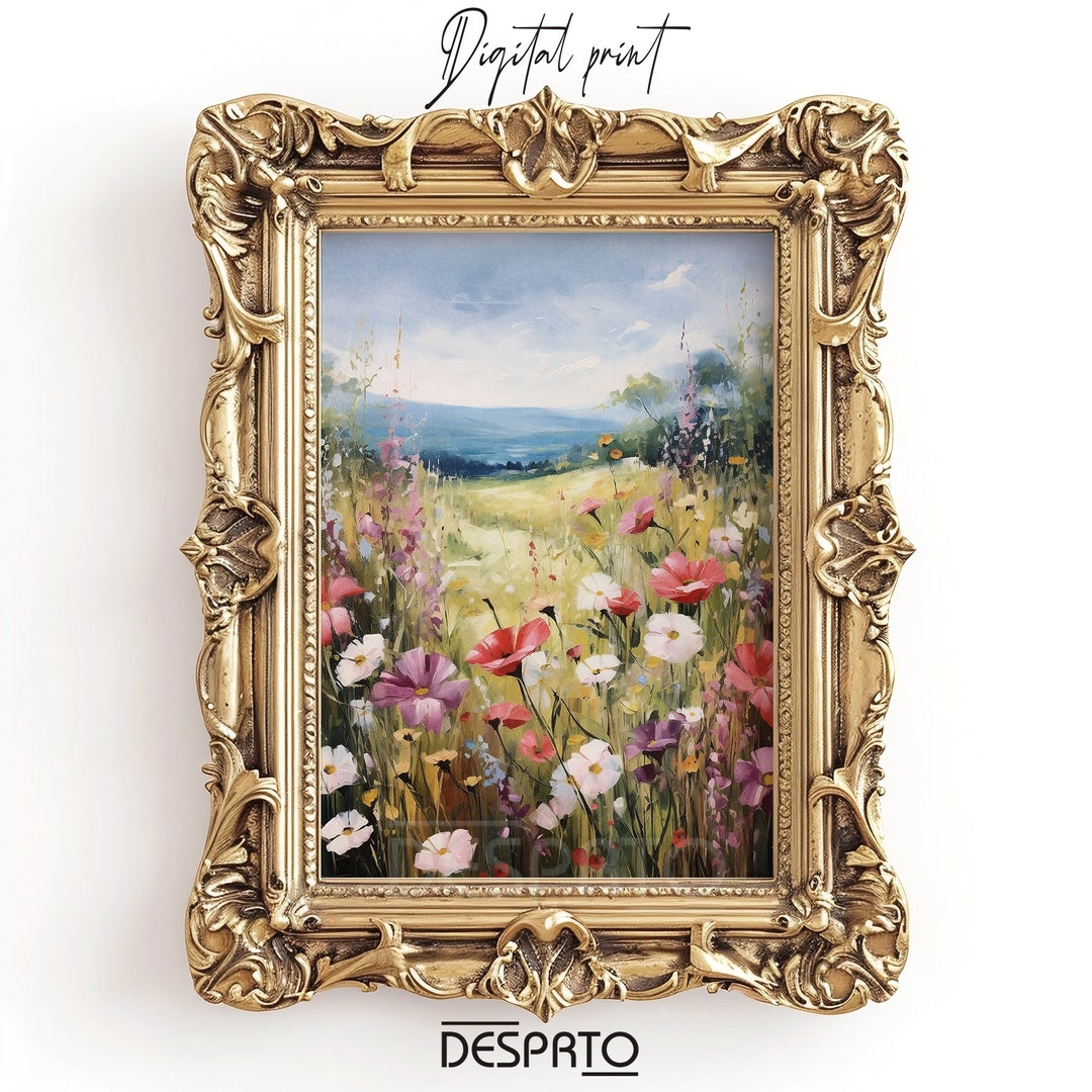 Spring Flower Field Print, Wildflower Vintage Landscape Painting ...