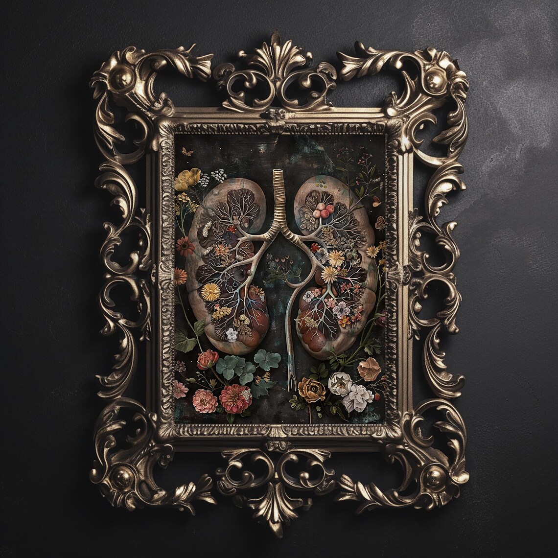 Human Kidney With Flowers Print, Anatomy Gothic Painting, Floral Kidney ...