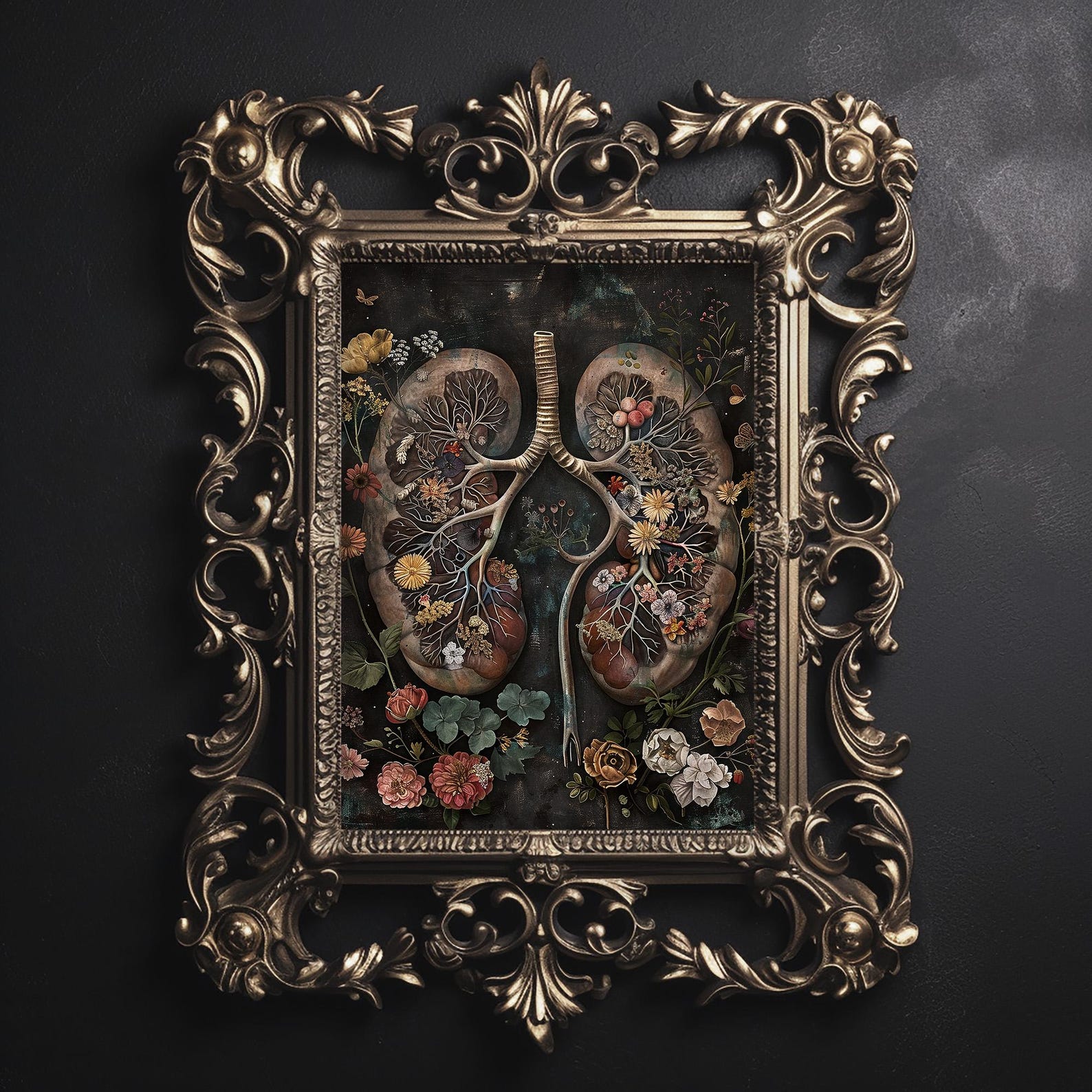 Human Kidney With Flowers Print, Anatomy Gothic Painting, Floral Kidney ...