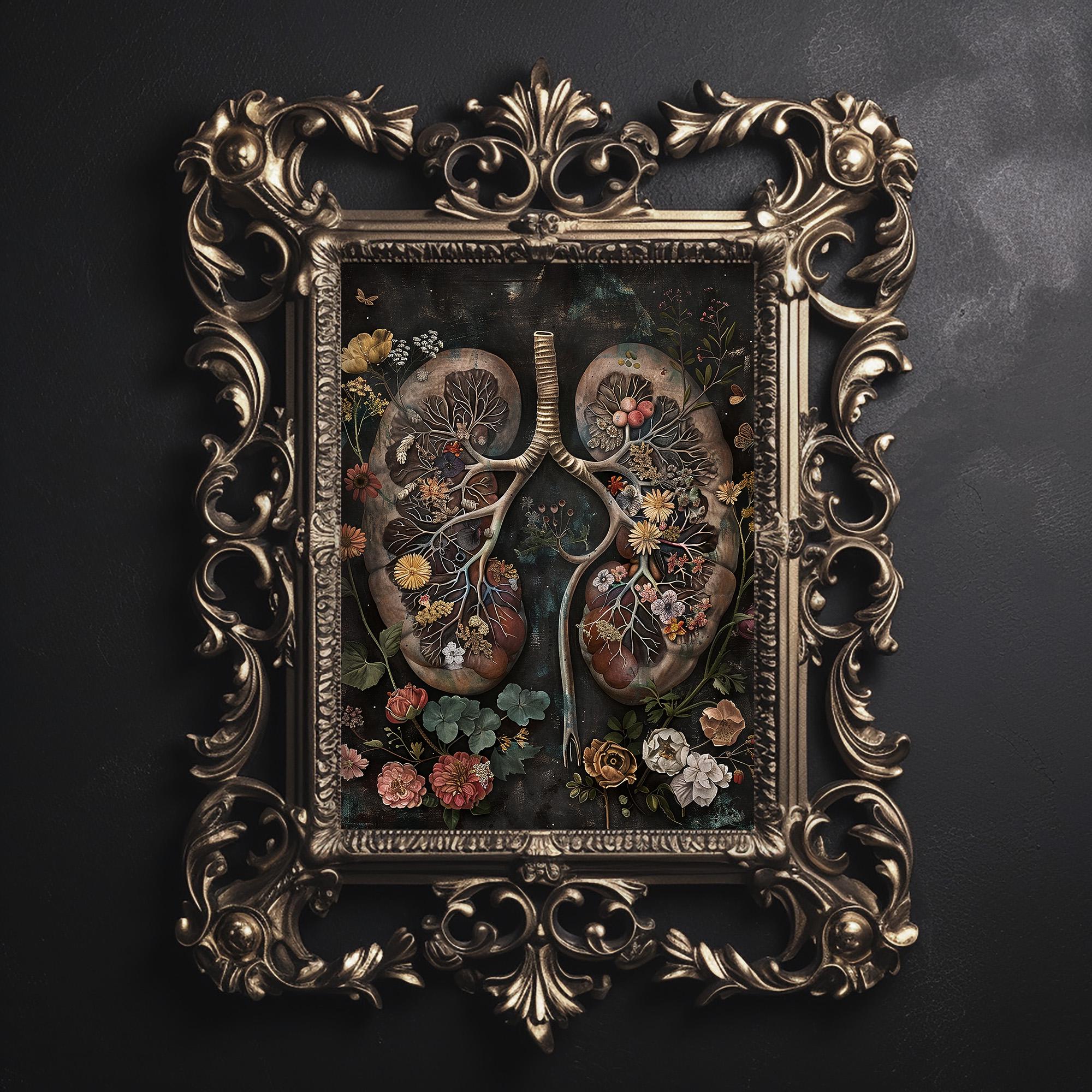 Human Kidney With Flowers Print, Anatomy Gothic Painting, Floral Kidney ...
