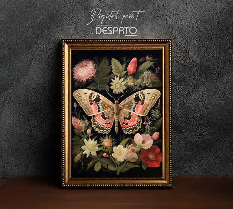 Botanical Butterfly Wall Art Print, Dark Academia Decor (digital ...