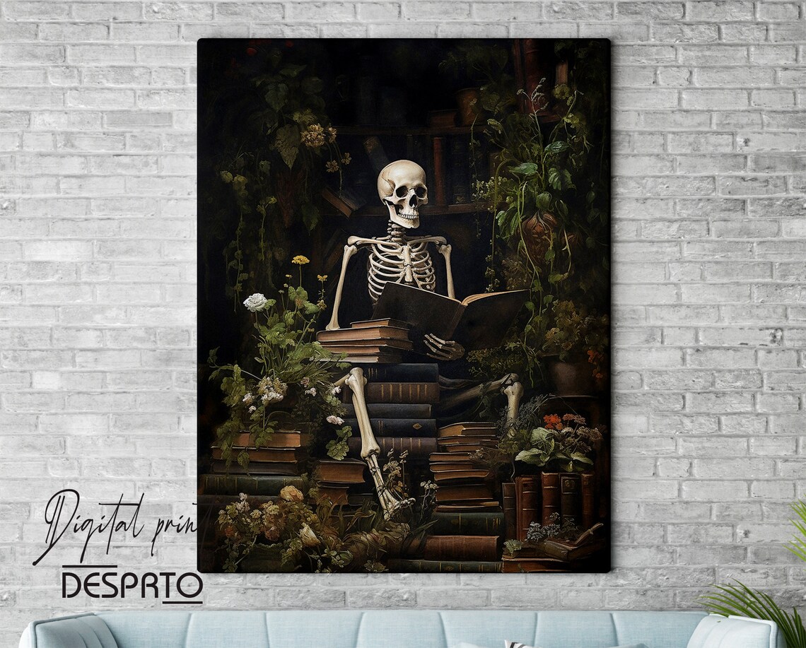 Floral Skeleton Books Library Print, Skull Dark Academia, Halloween ...