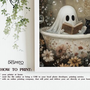 Ghost Reading Book and Black Cat Takes a Bathtub Print, Dark Academia ...