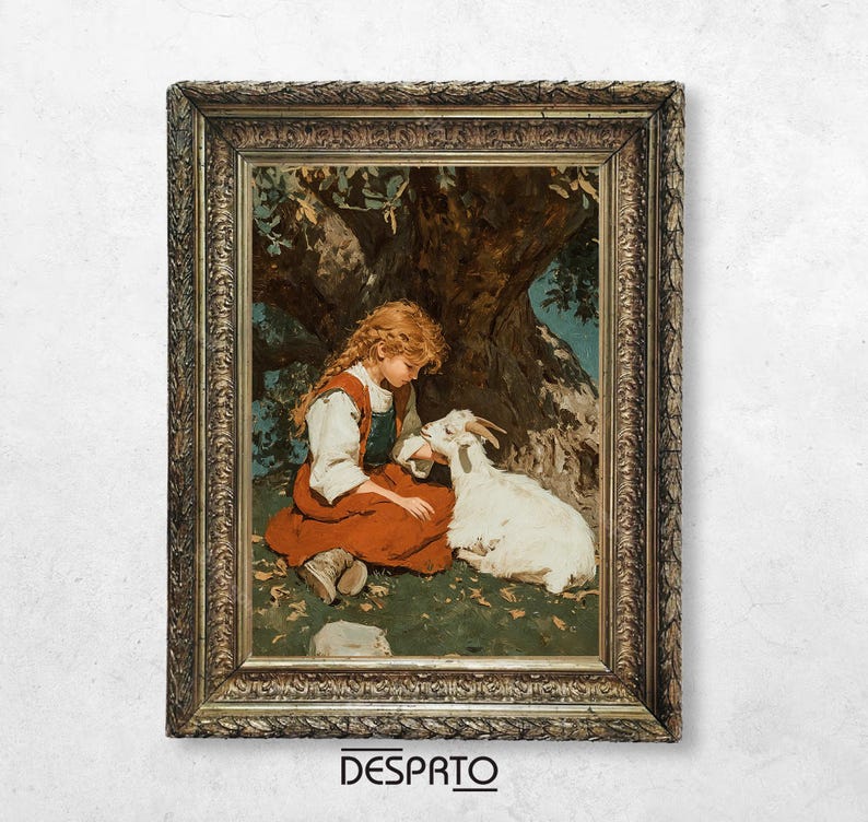 Impressão de menina e cabra, arte antiga para imprimir, arte de parede ...