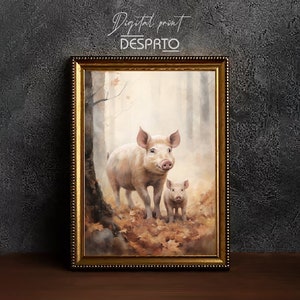 Mommy Pig and Piglet Vintage in the Fall Forest, Cottagecore Print ...