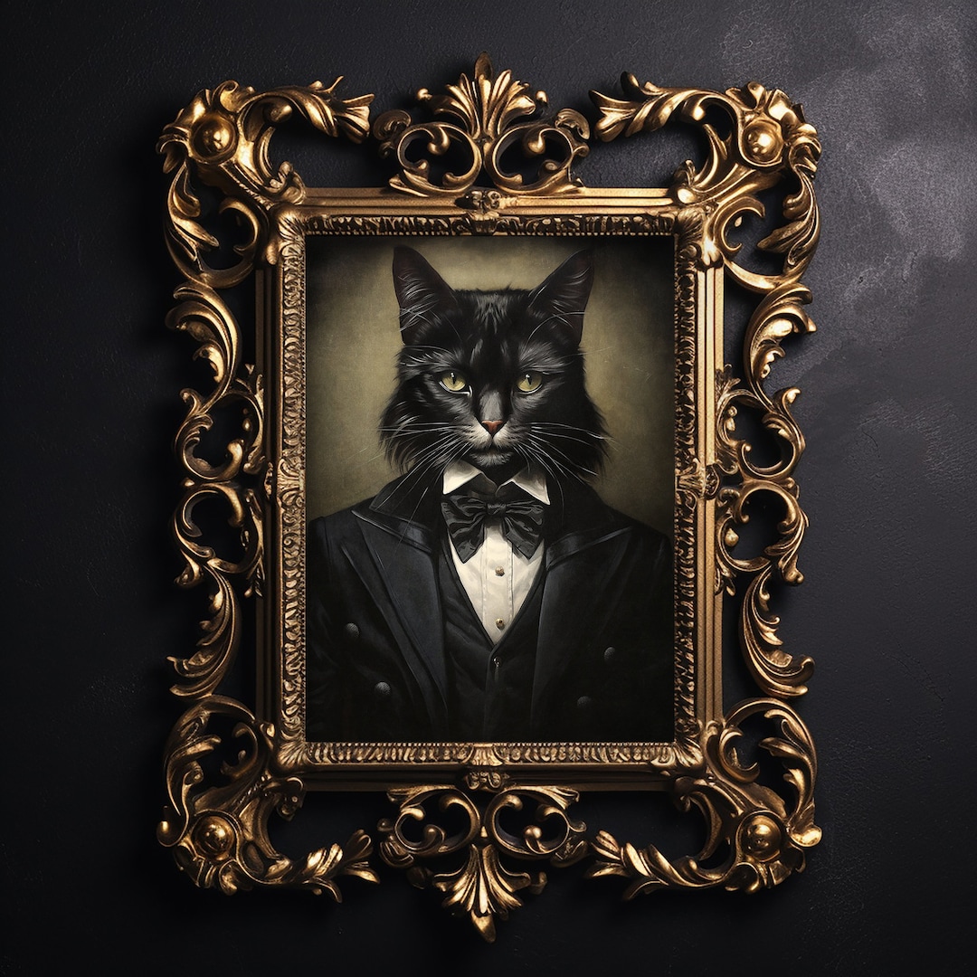 Gothic Black Cat in Suit Print Dark Academia Painting - Etsy