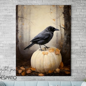 Crow on a Pumpkin Autumn, Fall Pumpkin Wall Print, Dark Academia Decor ...
