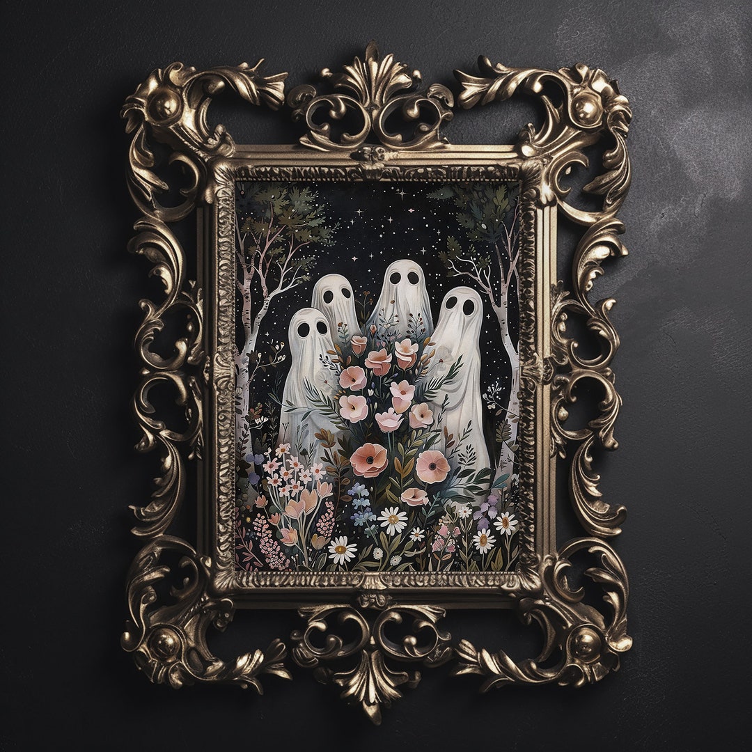 Four Cute Ghosts in Flower Woods Print, Romantic Dark Academia, Moody ...