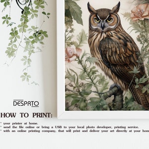 Boho Owl Printable, Portrait Floral Owl Wall Print, Dark Academia Decor ...