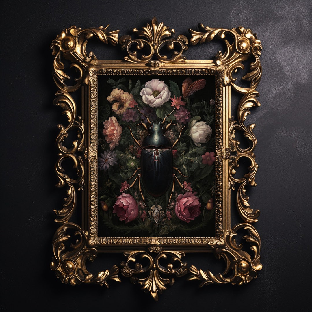 Black Beetle in Dark Flower Garden, Moody Bug Print, Scarab Printable ...