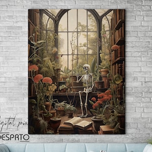 Skeleton in Botanical Abandoned Library Print, Books Skull Dark ...