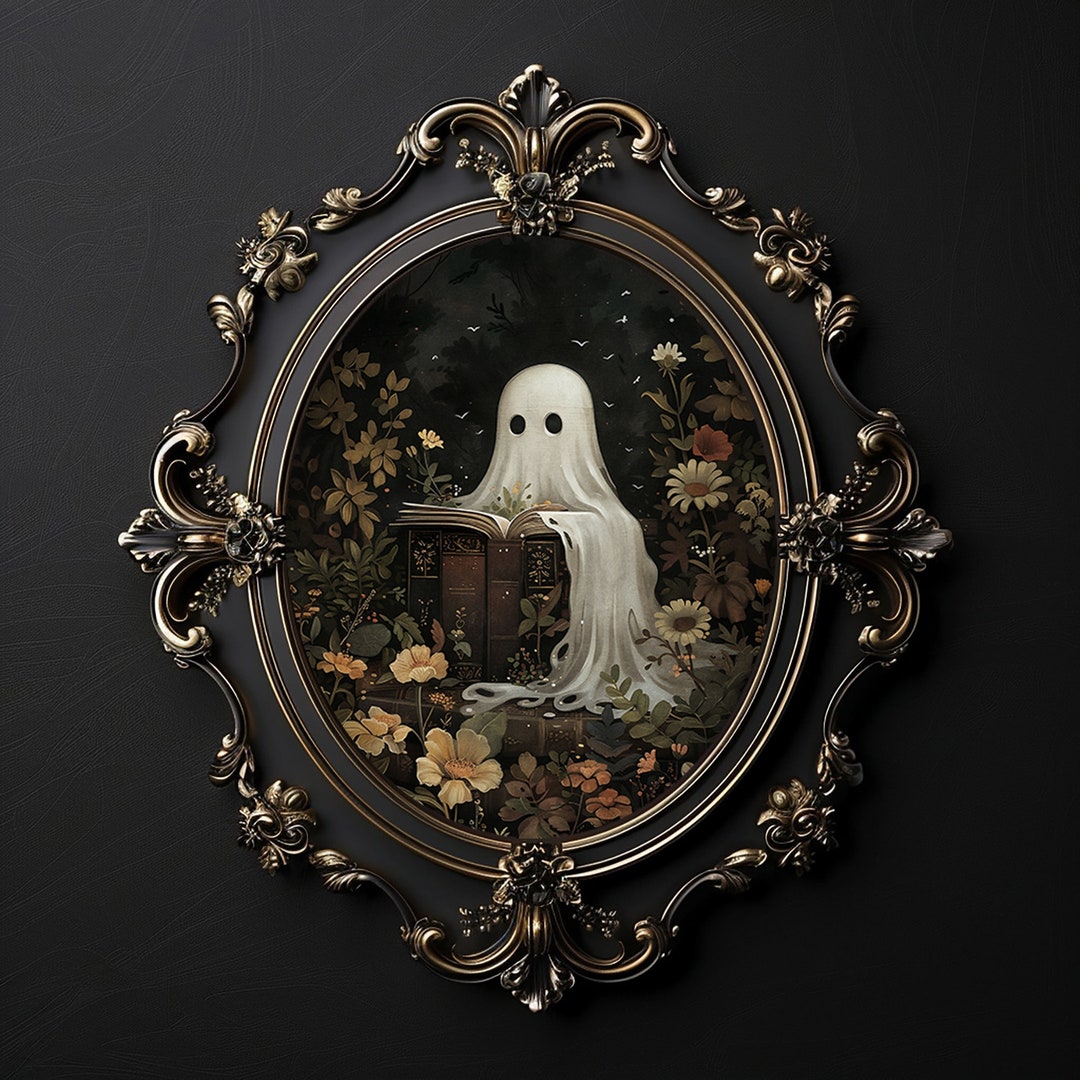 Cute Ghost Reading Books Print, Digital Halloween Cottagecore Decor ...