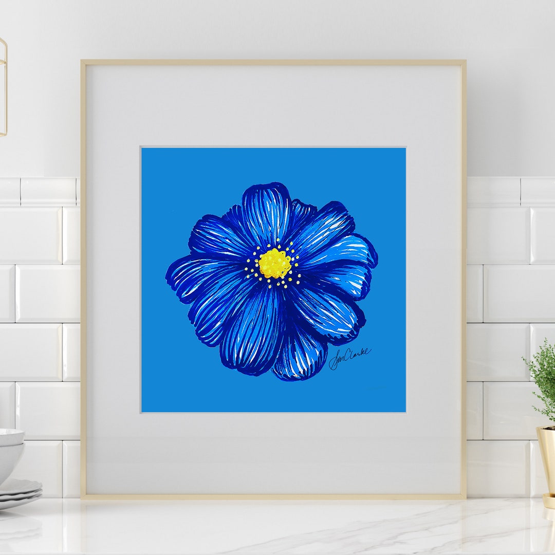 Blue Daisy Art Print: Floral Ink & Watercolor Illustration - Etsy