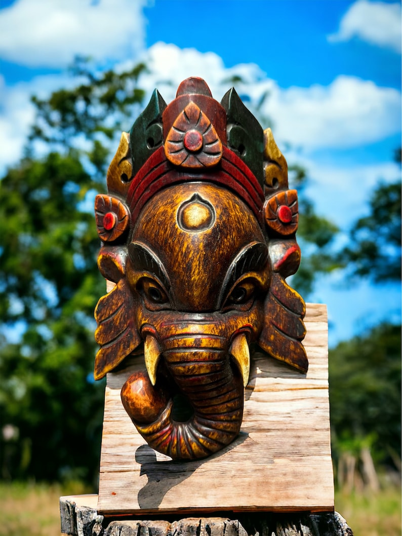 Handcrafted Ganesh Hindu God Wooden Mask - Spiritual Wall Art & Home ...