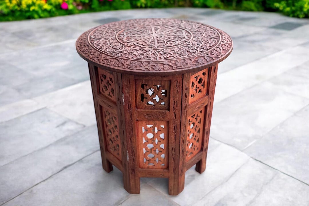 Handmade Folding Wooden Accent Table - Intricately Carved Rosewood ...