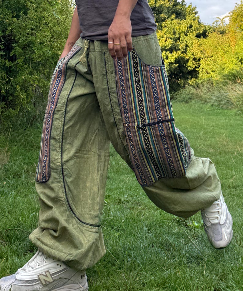 Handwoven Patchwork Cargo Pants, Boho Cotton Trousers, Unisex Festival ...