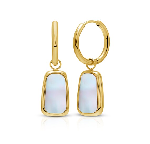 Mother of Pearl Drop Hoop Earrings 18ct Gold Plated Wedding Earrings Etsy