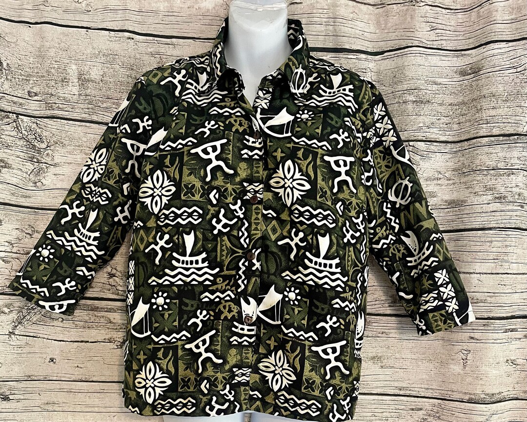 Island Chic Green Tiki Print Ladies Hawaiian Shirt Jacket - 3/4 Sleeve ...