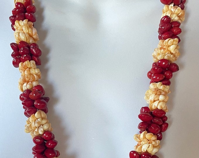 28 Red and Yellow Mongo Shell and Ula'ula Hawaiian Lei Necklace With ...