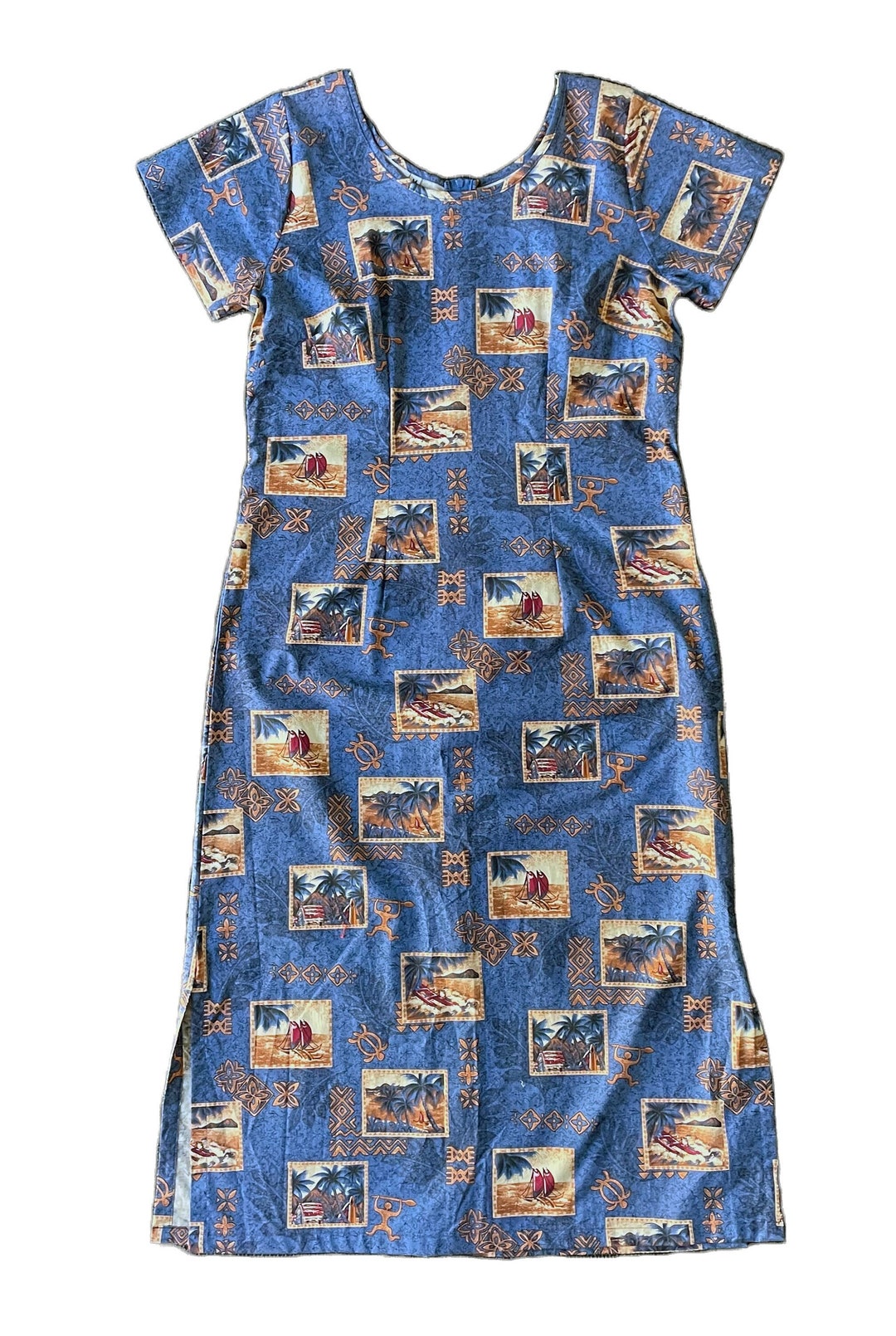 Blue Hawaiian Long Muumuu Dress -postcards From Hawaii - Etsy