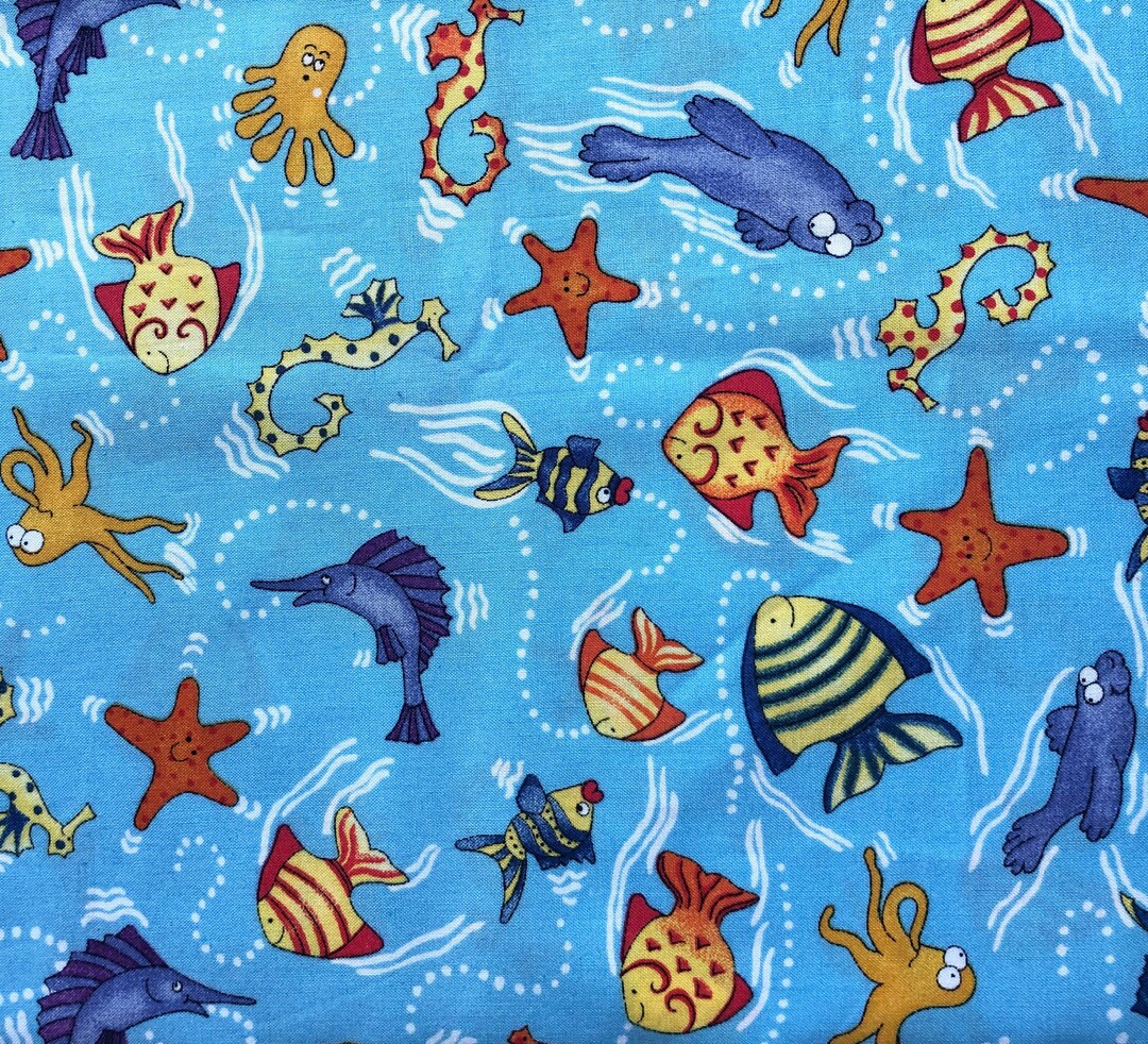 Robert Kaufman Ocean Sea Life Fabric, 100% Cotton, 1 Yard Nautical Fish ...