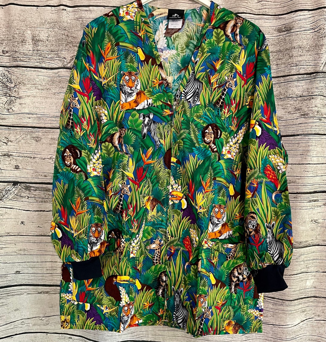 Jungle Zoo Animal Print Scrub Jacket W/pockets - LARGE - Dr Jacket ...