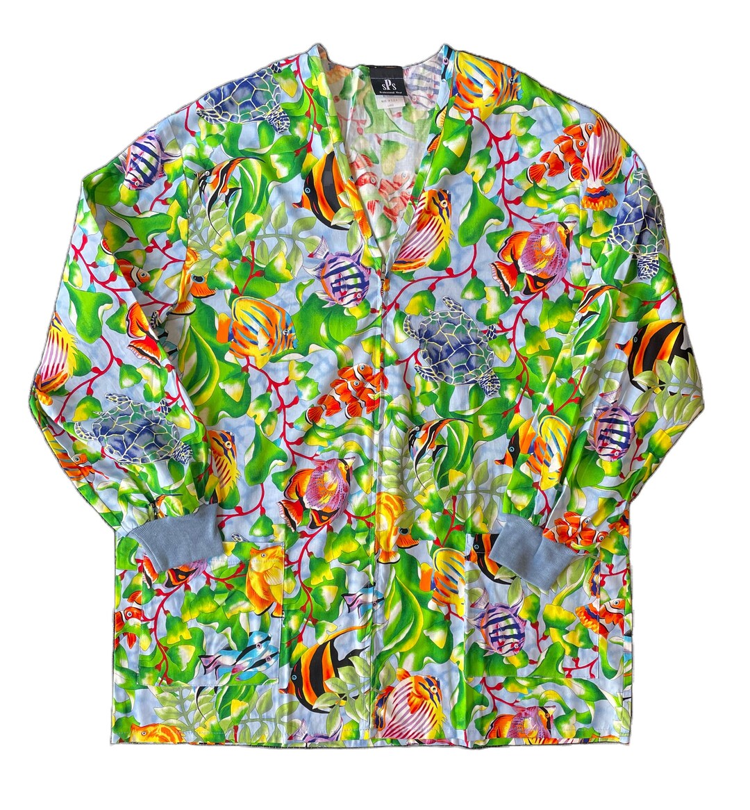 Tropical Fish Scrub Jacket for Nurse Teacher Veterinarian - V-neck ...