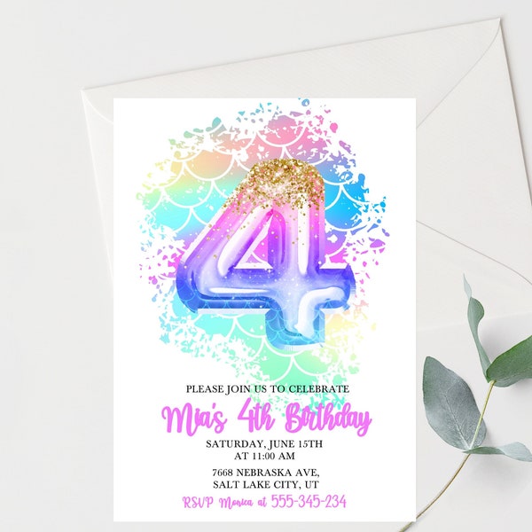 Mermaid 4th Birthday Invitation - Etsy