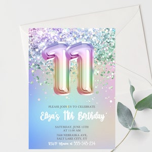 Girls Editable 11th Birthday Invitation Template Glitter Eleventh ...