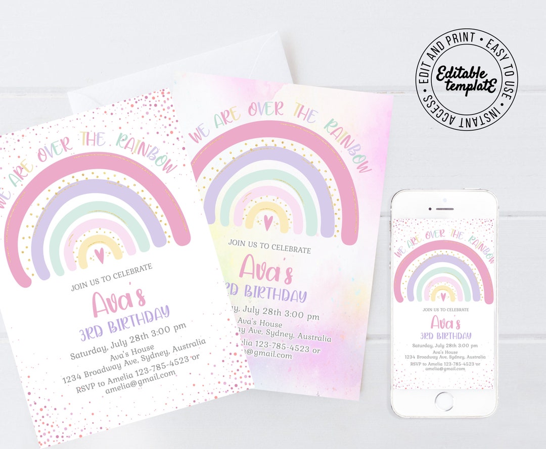 Editable Rainbow Invitations Rainbow Birthday Invitation Over the ...