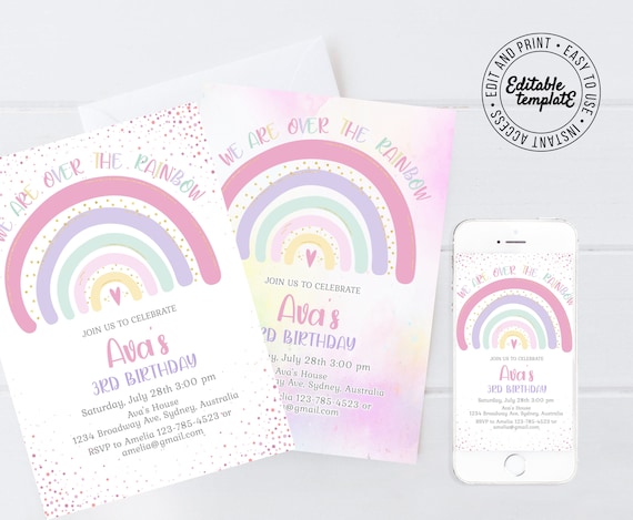 Editable Rainbow invitations, Rainbow Birthday Invitation, Over the ...