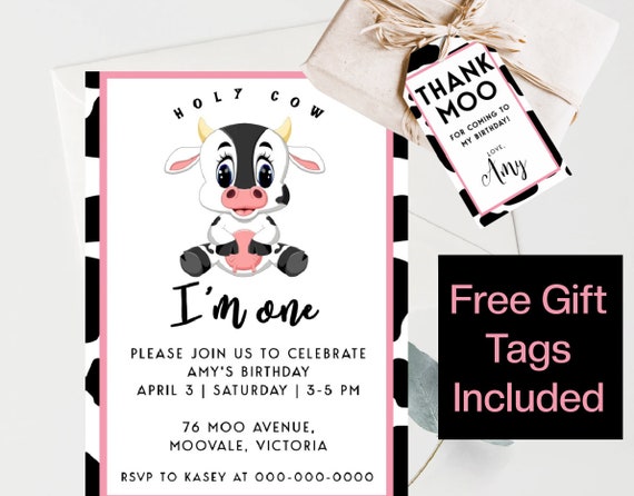 Holy Cow I'm One invitation for a girl + FREE tags Girls Cow invitation ...