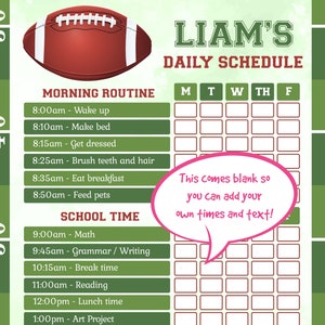 Football Daily Schedule Chart Instant Printable Schedule Chart Home ...