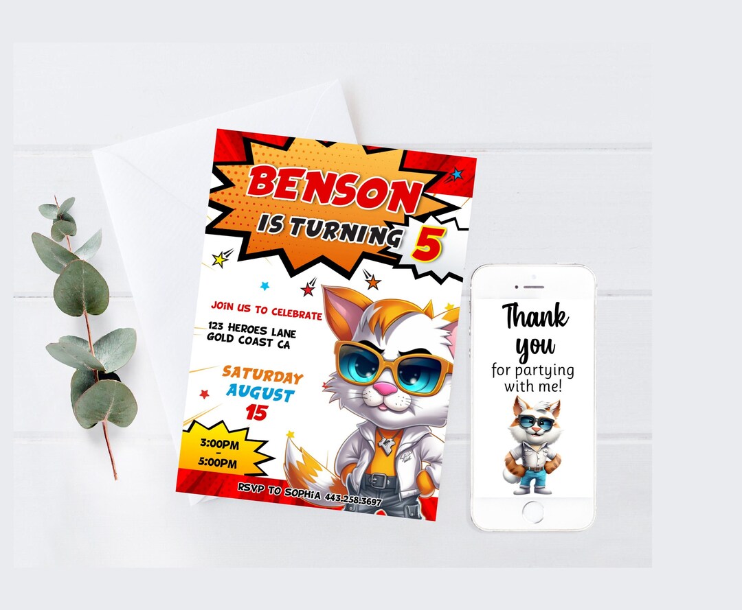 Cat Birthday Invitation Editable Cat Party Invitation Cool Dude ...