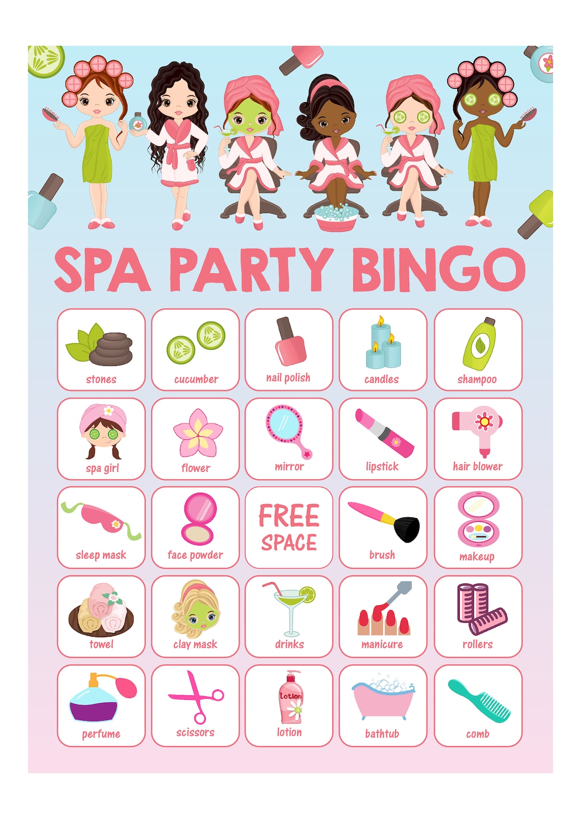 Spa Party Games Includes Spa Party Bingo Printable Game Pin | Etsy