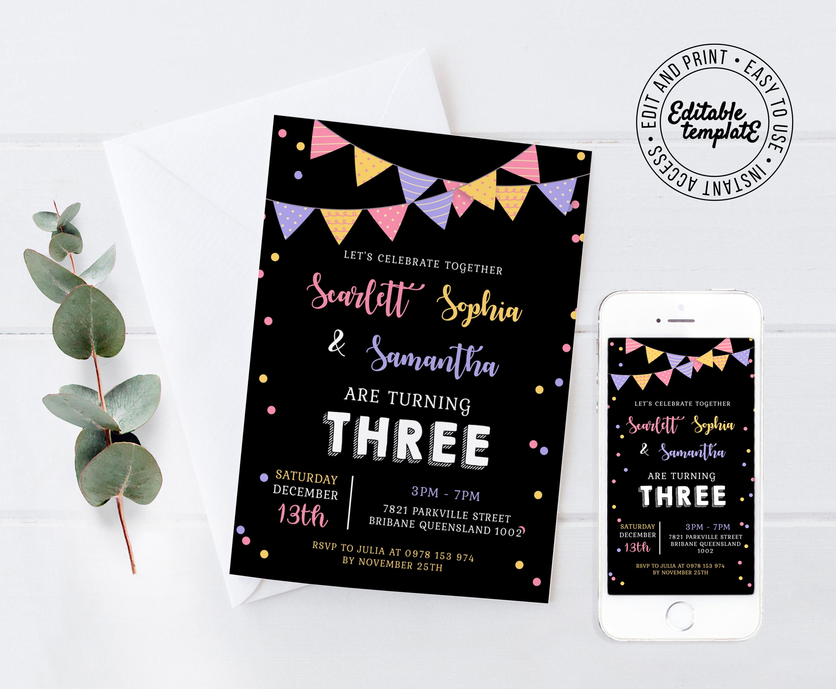 Editable Triplets Birthday Invitation Triplets Party - Etsy
