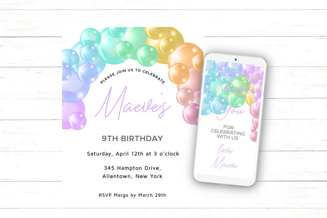 Editable Bubbles Birthday Party Invitation, Pastel Bubbles Girl's ...