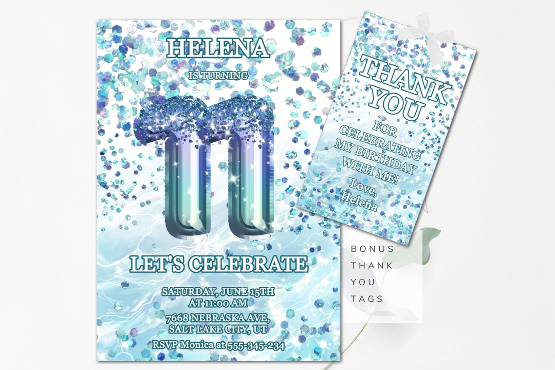 Girls Editable 11th Birthday Invitation Template Glitter Eleventh ...
