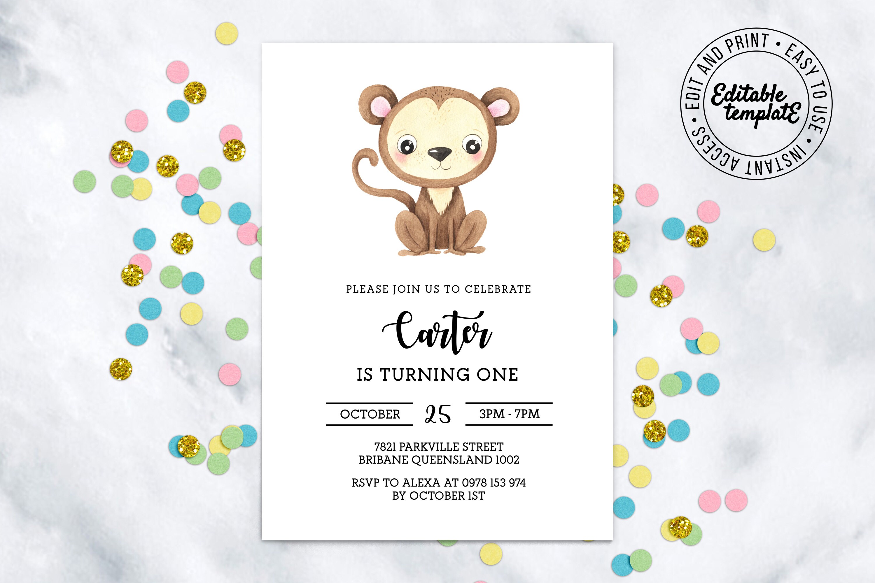 Editable Monkey Birthday Invitation Monkey Party Invitation | Etsy